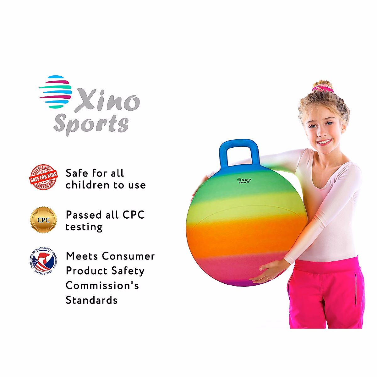 Xino Sports Hopping Ball for Kids, Bouncy Ball for Kids, Amazing Space Hopper Ball, Jumping Ball with Handle, 18 Inch Diameter, Kids Outdoor Toys (Rainbow)