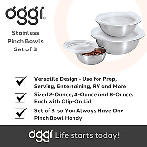 Oggi Set of 3 Stainless Steel Pinch Bowls - Mini 2oz/4oz/8oz Sizes, With Lids - Ideal for Food Prep, Salt and Pepper Bowls, Dip Bowls, Condiment Bowls, Assorted Colors