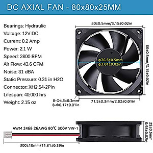GDSTIME 80mm x 80mm x 25mm 12V Brushless DC Cooling Fan compatible with Desktop