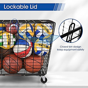 Mythinglogic Rolling Sports Ball Storage Cart, Sports Lockable Ball Storage Locker with Elastic Straps, Stackable Ball Cage for Garage Storage Garage Organizer (Large Set)
