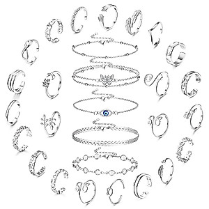 Sanfenly Anklets and Toe Ring Set for Women Silver Anklet Bracelets Open Adjustable Toe Ring Flower Wave Heart Tail Pinky Band Rings Summer Beach Foot Jewelry