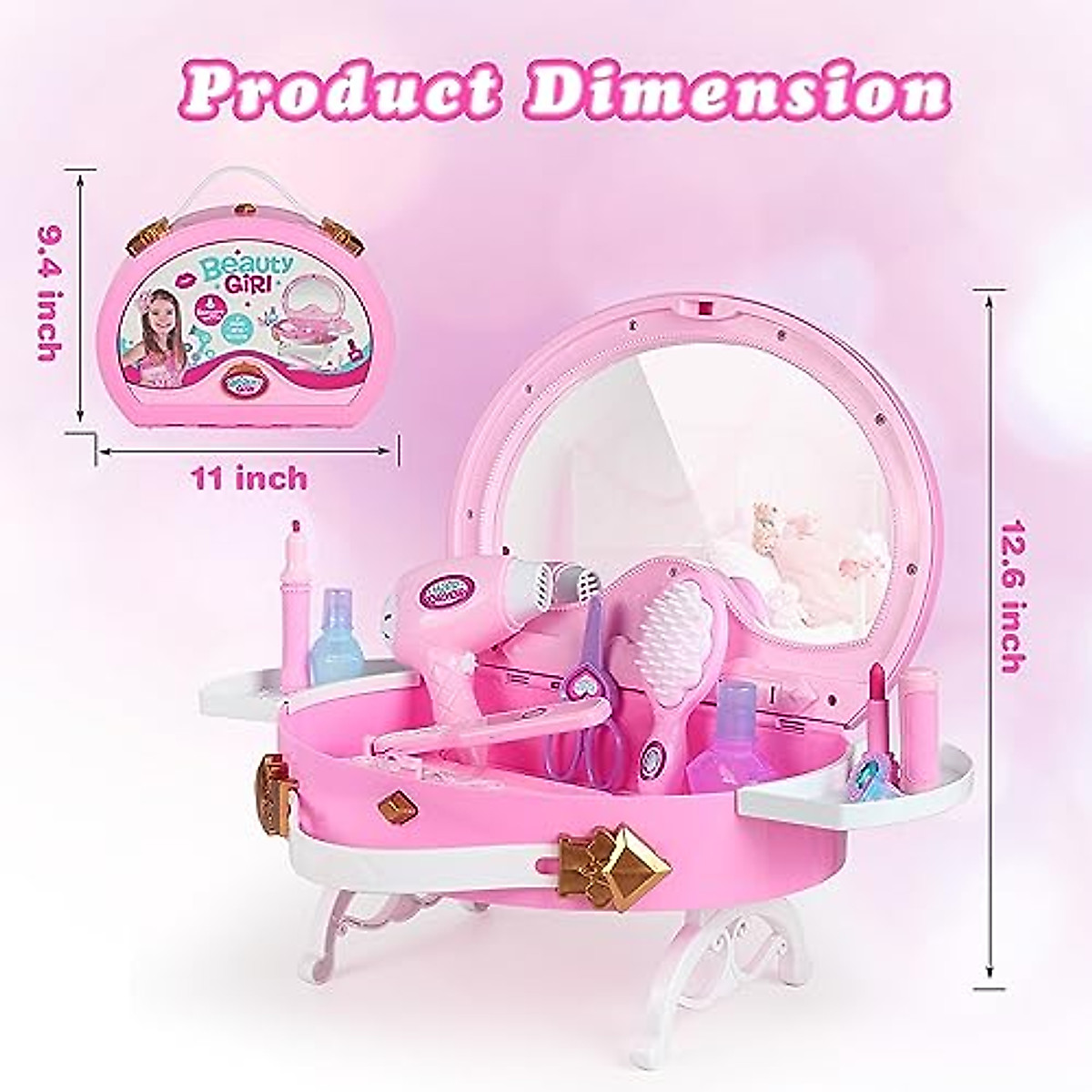 Little Princess Toddler Vanity Set, Portable Makeup Kits with Lights and Music & Real Mirror & Multiple Accessories, Best Birthday Christmas Festival Gift for Girls 3-7 Year Old Toddlers 1-3