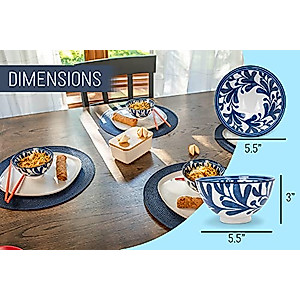 Nat & Jules Leaves White and Blue 18 ounce Ceramic Cereal Ramen Bowls Set of 4