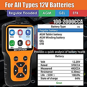 MOTOPOWER MP0515A 12V Car Battery Tester Automotive 100-2000 CCA Battery Load Tester Auto Cranking and Charging System Test Scan Tool Digital Battery Alternator Analyzer