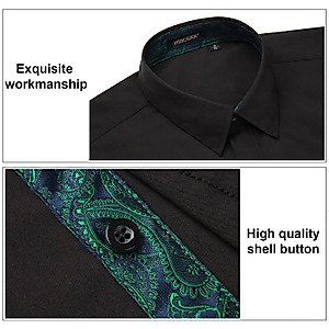HISDERN Black Green Dress Shirts for Men Long Sleeve Button Down Shirt Black Inner Paisley Contrast Mens Casual Formal Tuxedo Shirt