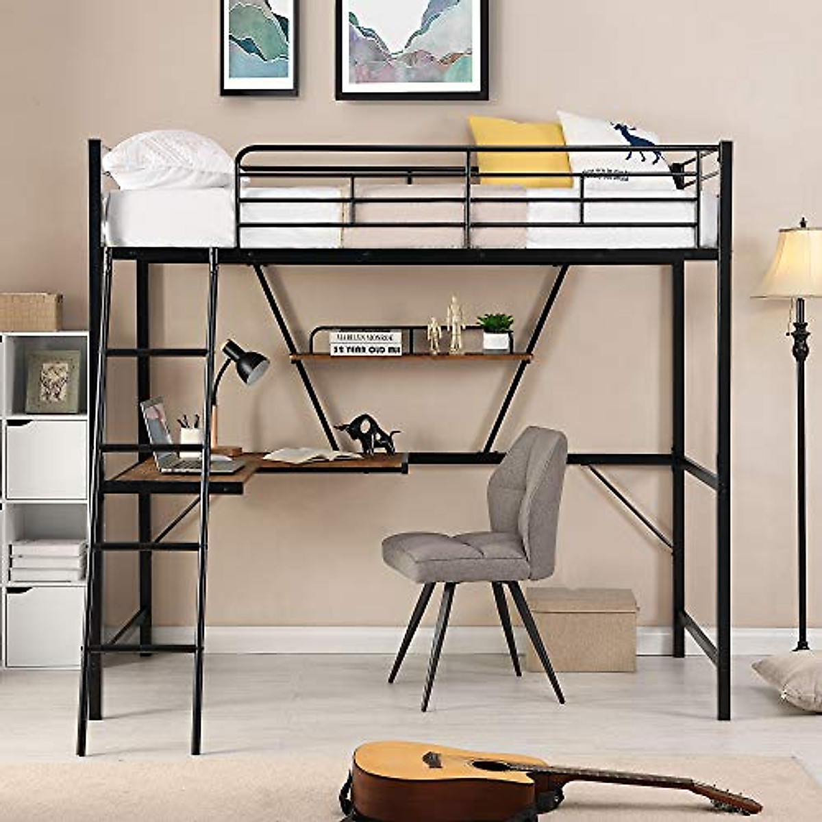 MOEO Twin Size Metal Loft Bed with L-Shaped Desk and Shelf, Bedfram w/Guardrail for Kids, Home, No Spring Box Required, Black
