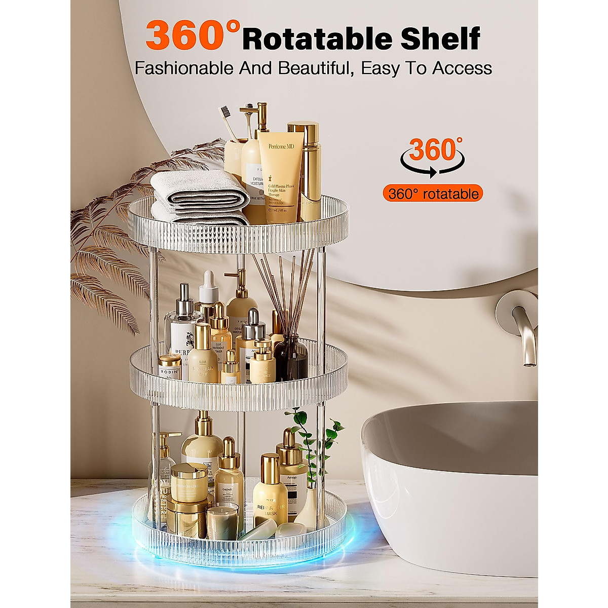 360° Clear Rotating Storage Tray, 3 Tier Lazy Susan Bathroom Countertop Organizer, Cosmetics and Perfume Organizer, Spinning Storage Tray Vanity Organizer Shelf for Bathroom Cabinet, Kitchen(Large)