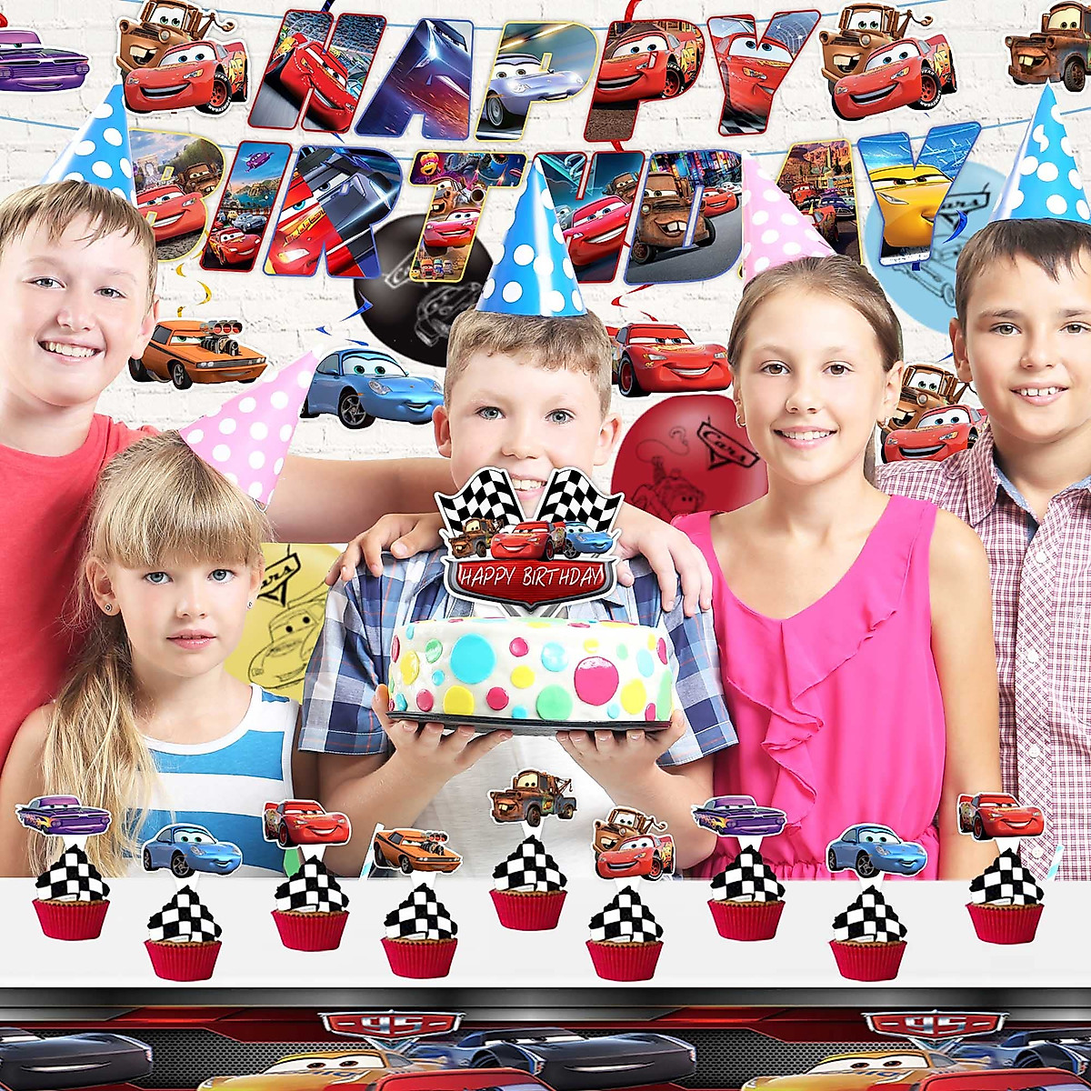 Cars Birthday Party Supplies Include Banner, Hanging Swirls, Balloons, Table Cover, Cake Topper for Cars Party Decorations