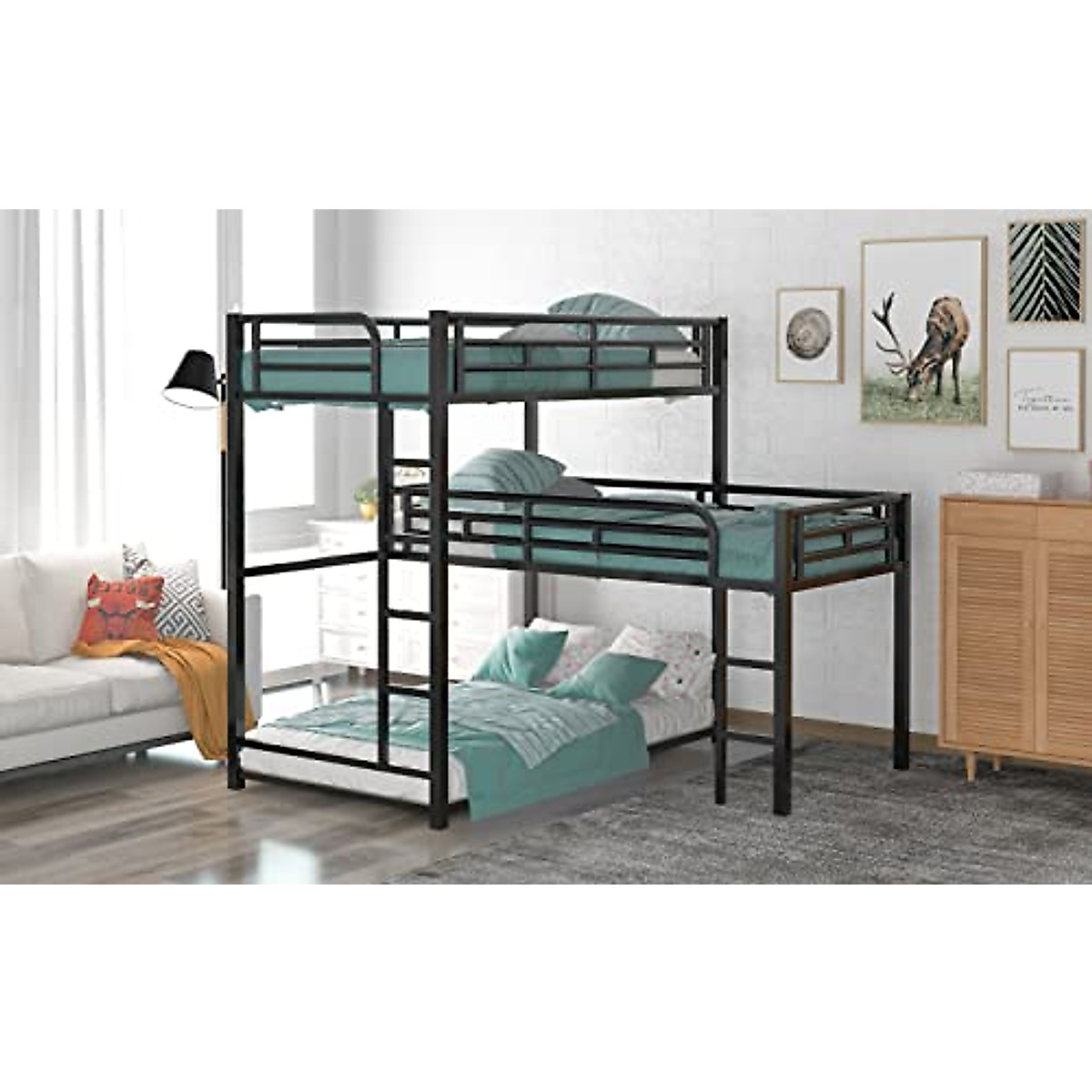 Gecheer L-Shaped Metal Triple Twin Size Bunk Bed, Black(Old SKU:SM000605AAB)