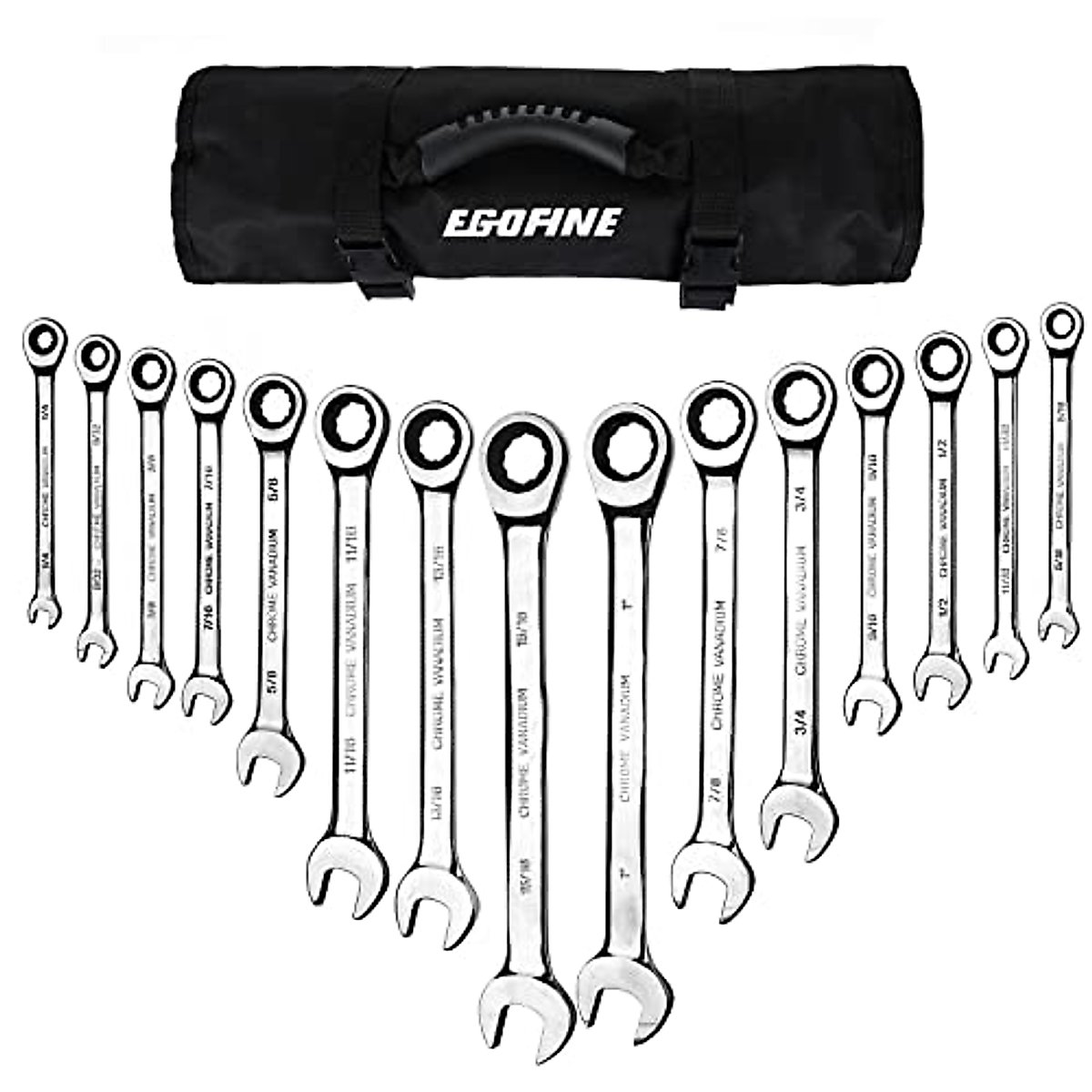 Egofine 15-piece SAE Ratcheting Wrench Set, SAE 1/4" to 1" Chrome Vanadium Steel, 12-Point Ratchet Wrenches, 72-Teeth Open End and Box End Combination Tool with a Roll Up Storage Bag