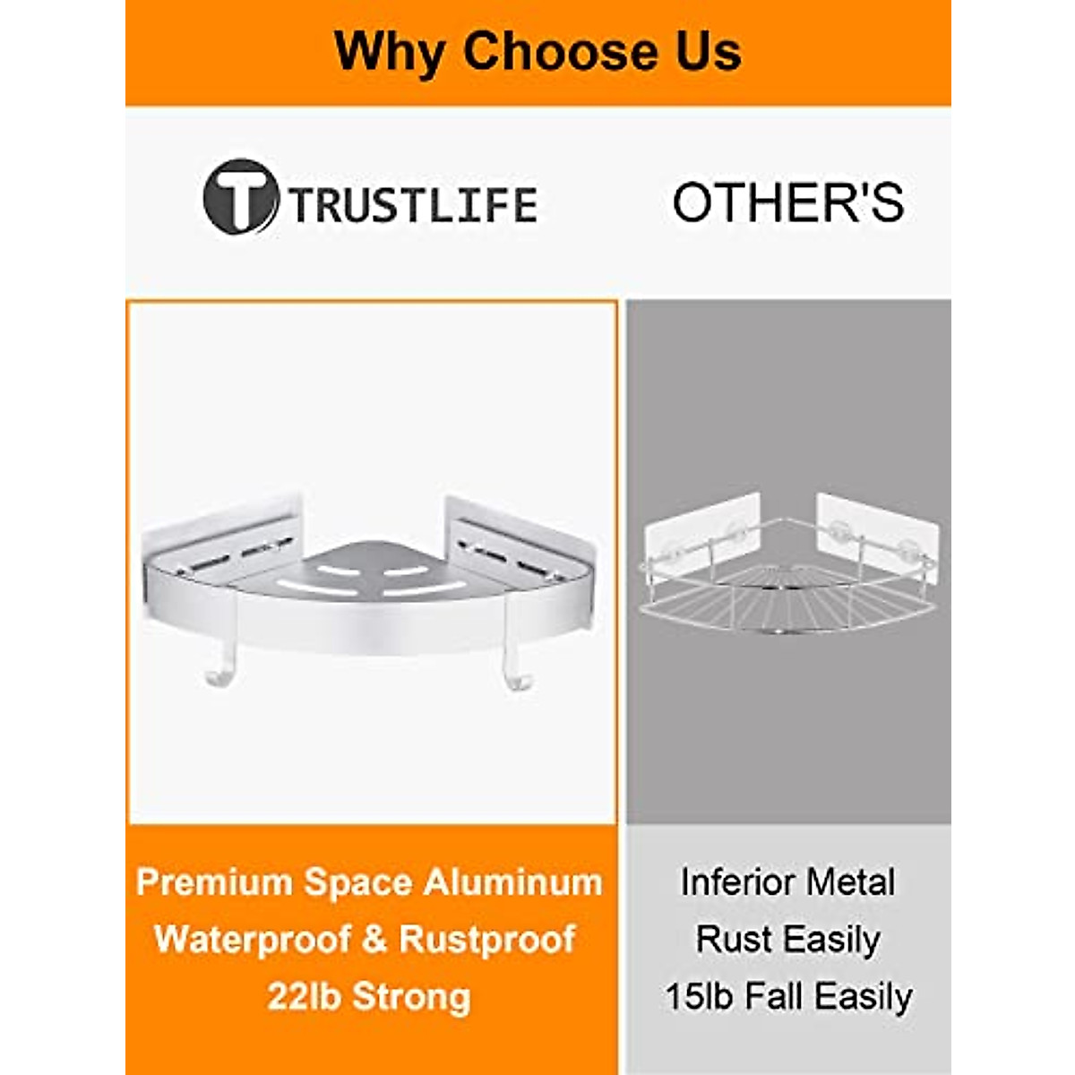 TRUSTLIFE Corner Shower Caddy 2-Pack - Adhesive Corner Shelf with Hooks for Inside Shower, No Drilling & Rustproof Shower Storage Rack for Bathroom, Wall Mount Bathtub Caddy Shelf Organizer - Silver