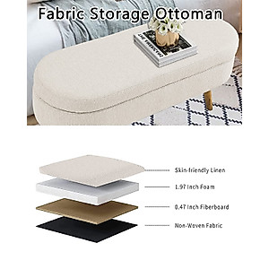 ECLYL Oval Storage Bench 43.5" Linen Fabric Upholstered Entryway Bench with Solid Wood Legs Ottoman Bench Indoor Bench for Living Room/Bedroom/End of Bed/Entryway (Beige)