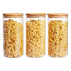 Vtopmart Set of 3 Glass Food Storage Jars, 50oz Food Containers with Airtight Bamboo Wooden Lids for Pasta, Nuts, Flour, Glass Canisters for Kitchen, Pantry Organization and Storage, BPA Free