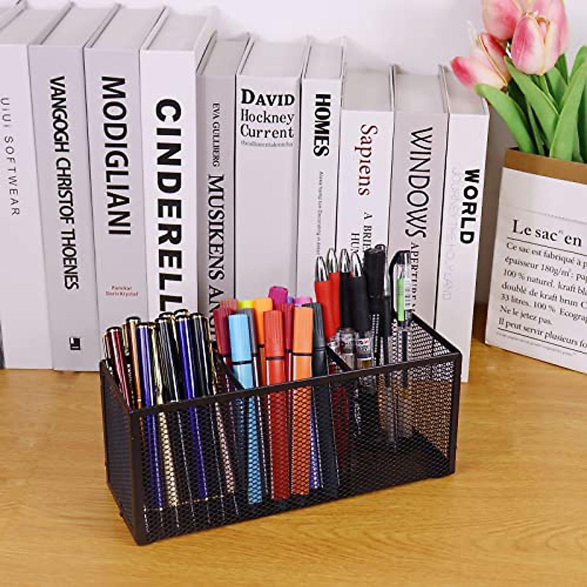 Flytreal Black Mesh Pen Pencil Holder, Small Metal Desk Organizer Desktop Stationery Office Supplies Acessories Storage Stand, 3 Compartments Brushes Holder for Home School Classroom Teachers