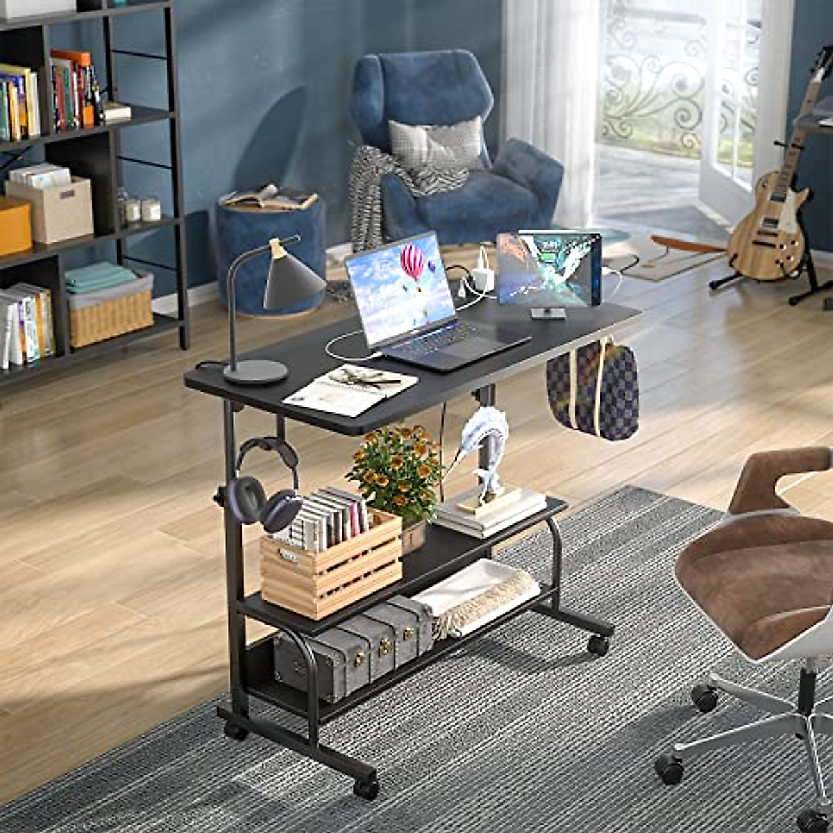 Height Adjustable Standing Desk with Power Outlets, 32" Manual Stand Up Desk with Storage Shelves Small Mobile Rolling Computer Desk Portable Laptop Table with Wheels for Home Office, Black