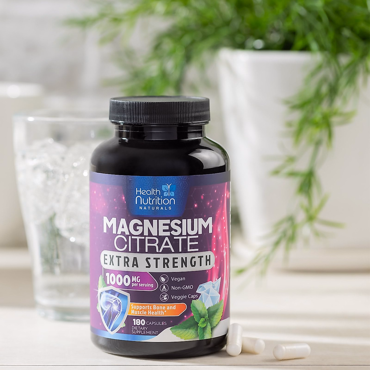 Magnesium Citrate Capsules 1000mg - Max Absorption Magnesium Powder for Muscle, Nerve, Bone and Heart Health Support, High Absorption Citrate Complex, Gluten Free, Non-GMO - 180 Capsules