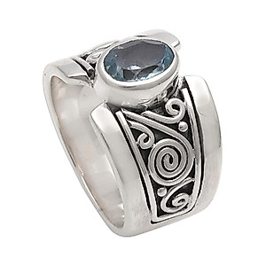 NOVICA Artisan Handmade Blue Topaz Single Stone Ring Artisan Crafted Sterling Silver Wide with Indonesia Serenity Birthstone [crownbezel 0.4 in L x 0.3 in W x 0.2 in H Band Width 7 mm W] ' Blue