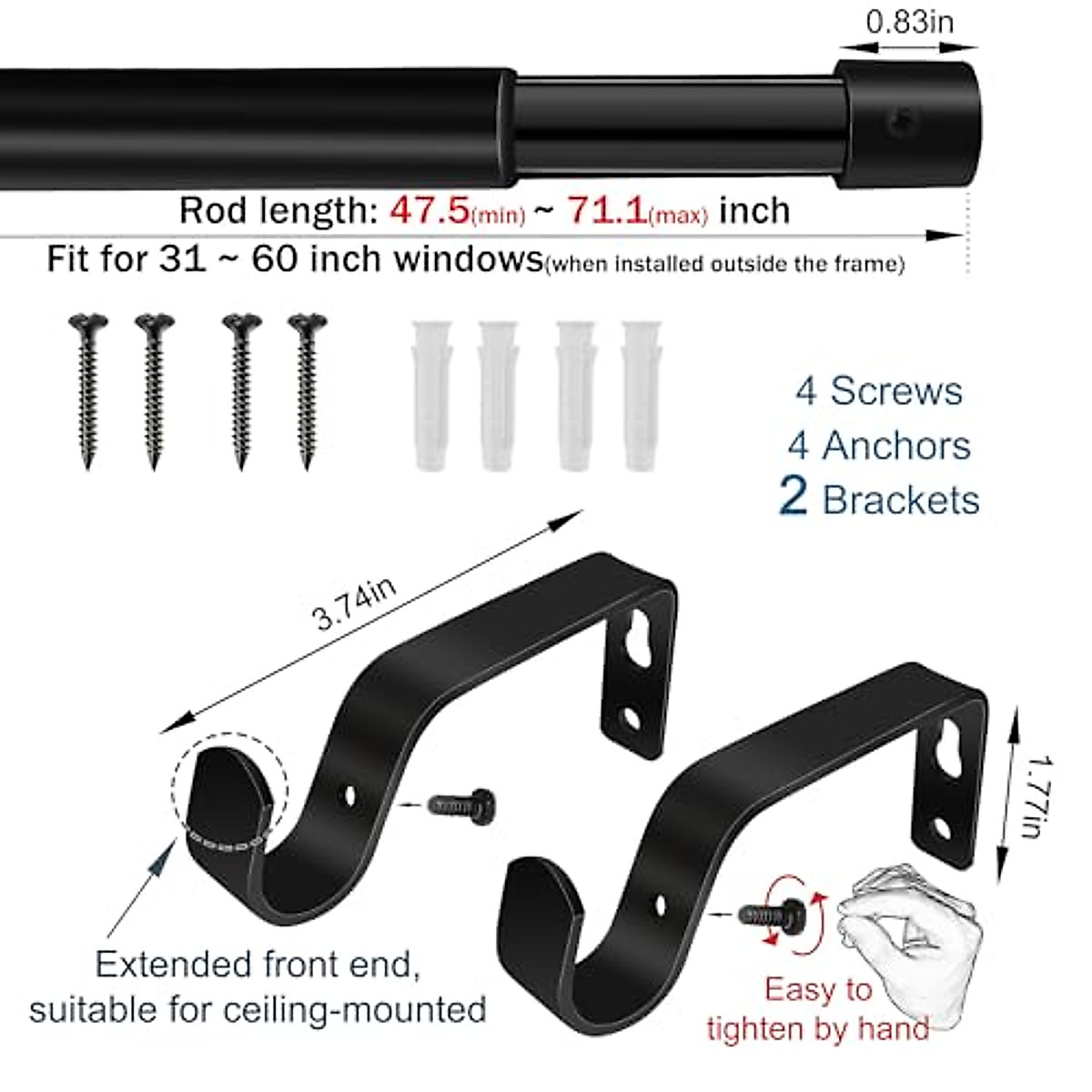 TrencaHK 3/4-inch Curtain Rods for Windows 31 to 60, Adjustable Window Rod with Ceiling or Wall-Mount, Easy Installation for Any Room & Outdoor Patio, Black Curtain Rod