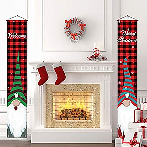 Rainlemon Welcome and Merry Christmas Gnome Porch Banner,Black and Red Buffalo Check Plaid,Front Door Sign Decoration