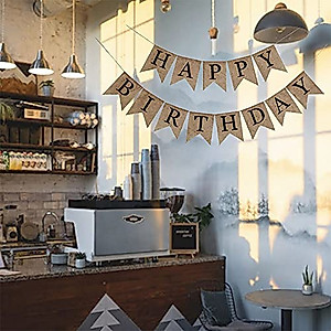 Happy Birthday Burlap Banner Rustic Bunting Garland Swallowtail Flags for Birthday Party Decorations by Ucity (Black)