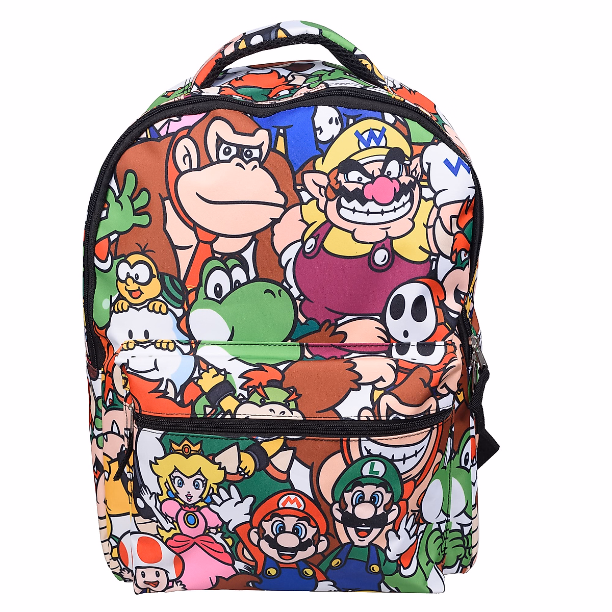 Nintendo Super Mario Backpack for Boys & Girls, School Bag with Front Pocket, Allover Character Print Gaming Bookbag with Padded Back and Adjustable Mesh Straps