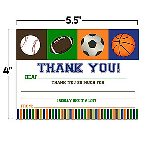 All Star Sports Birthday Thank You Notes for Kids, Ten 4" x 5.5" Fill In the Blank Cards with 10 White Envelopes by AmandaCreation