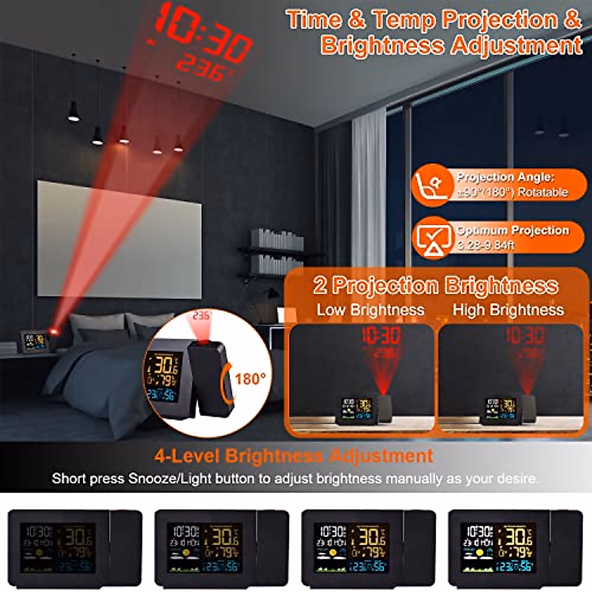 iMounTEK Atomic Projection Alarm Clock Digital Alarm Clock Night Light Clock Radio Control Clock with WWVB Function Weather Station Dual Alarms Snooze Outdoor Wireless Temperature Humidity Sensor