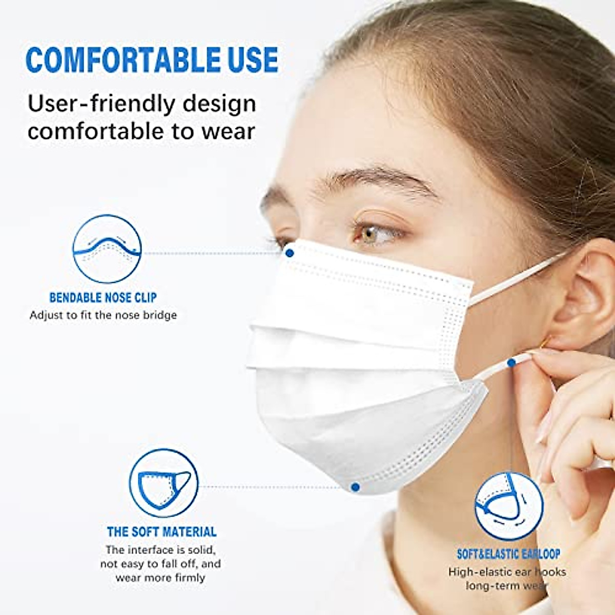 Wecolor 100 Pcs Disposable 3 Ply Earloop Face Masks, Suitable for Home, School, Office and Outdoors (White)