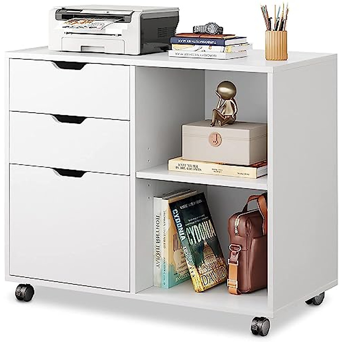 DEVAISE 3-Drawer Wood File Cabinet, Mobile Lateral Filing Cabinet, Printer Stand with Open Storage Shelves for Home Office, White