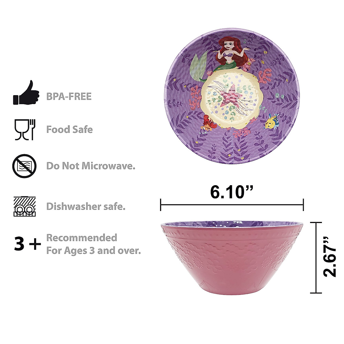 Zak Designs Disney Princess Dinnerware Set Includes Embossed Plate, Bowl, and Tumbler, Made of Durable Plastic Material and Perfect for Kids (3 Piece Set, Ariel & Belle & Rapunzel)