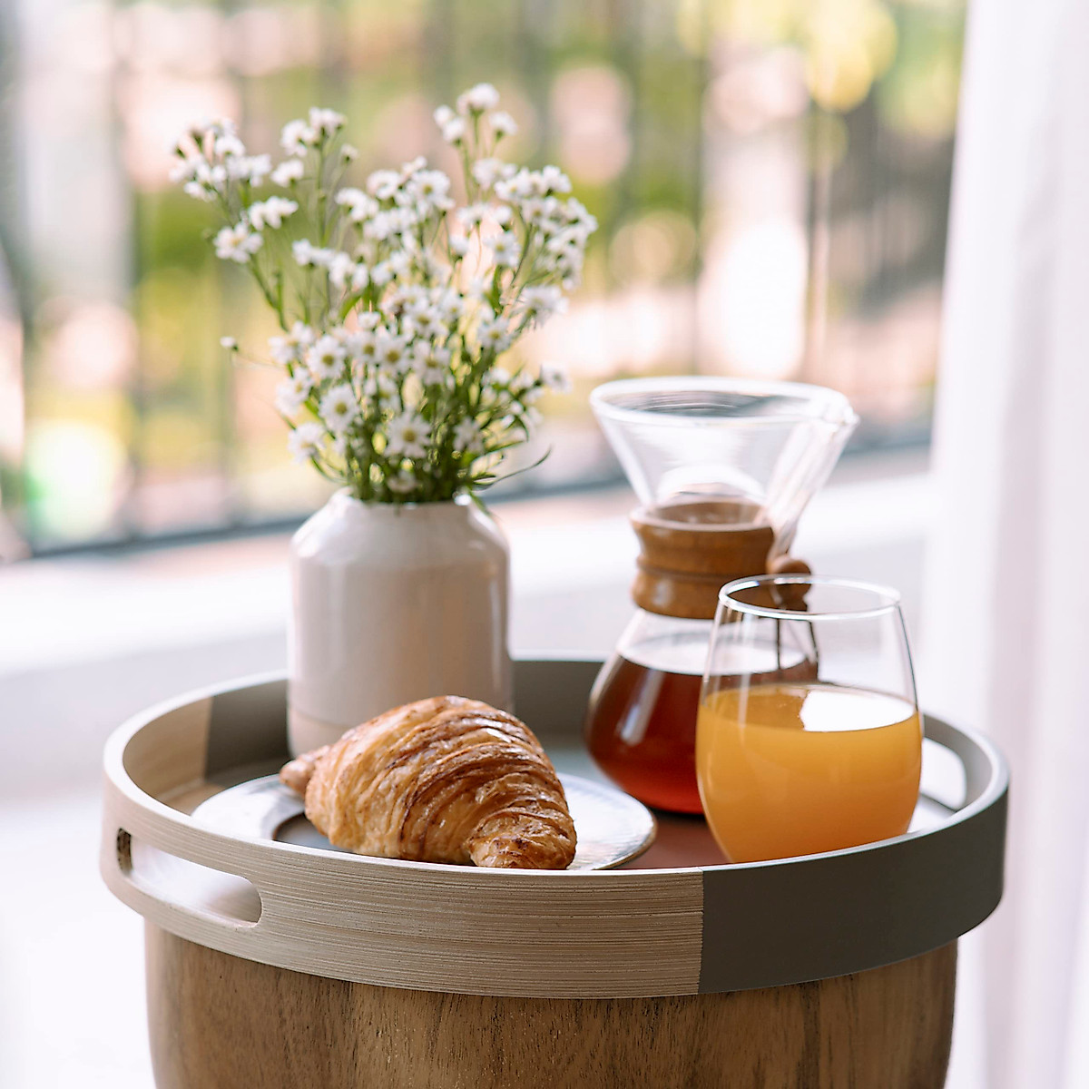 Kiwi Homie 13.78" Dia Spun Bamboo Serving Tray, Round Tray with Handles, Round Ottoman Tray, Semi Grey for Coffee Table, Serving Food on Home Dining Table, Restaurant (Grey)