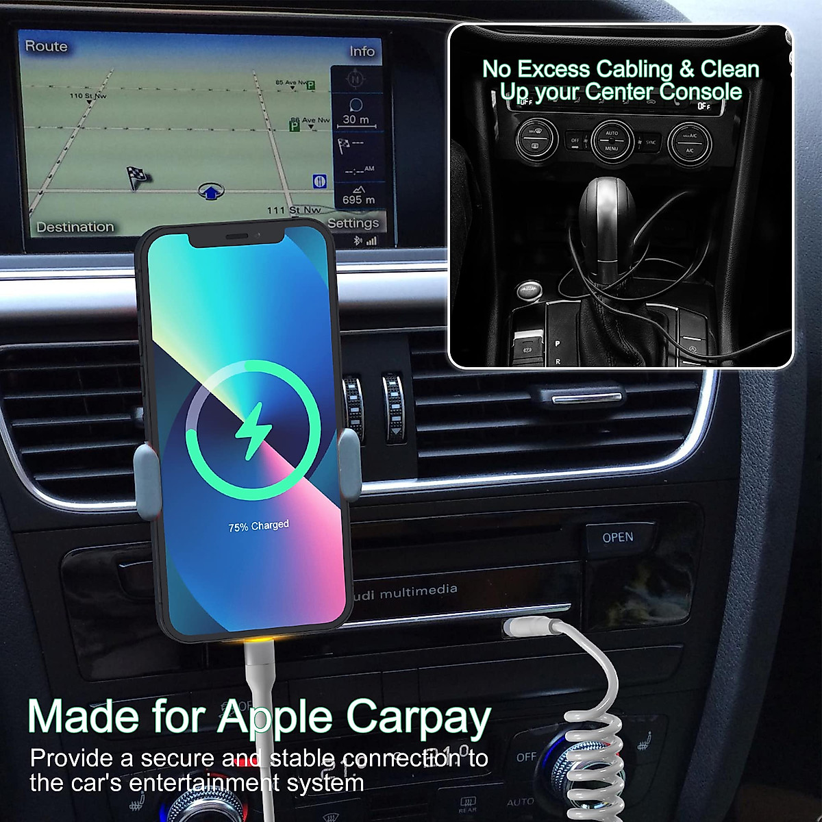 Coiled iPhone Lightning Cable Apple Carplay Cable MFi Certified, Retractable Apple Car Play Cord with Data Sync and LED, Short Coiled iPhone Charger Cable for iPhone/Pad/Pod, White