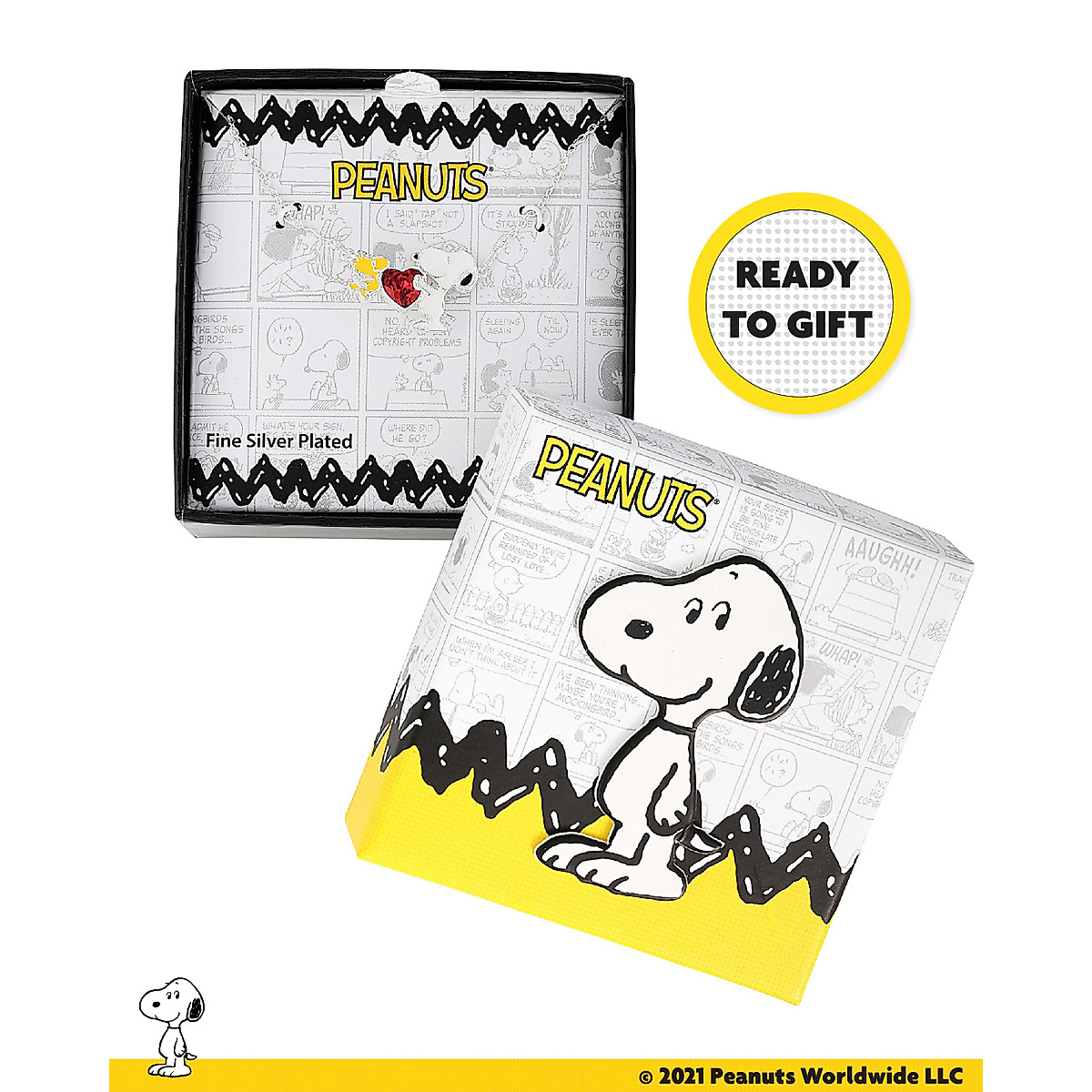 PEANUTS Womens Snoopy and Woodstock Red Crystal Heart Necklace 18" - Silver Plated Snoopy Necklace - Official License