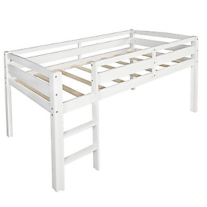 CITYLIGHT Twin Low Loft Bed, Junior White Wood Loft Bed with Ladder, MDF & Pine Frame, 200LBS Capacity, No Box Spring Needed