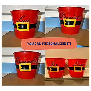 FSSTAM 8.32" Christmas Bucket, Plastic Santa Belt Buckets Red Round Tubs with Handles for Parties Storage Classroom Party Favors, Christmas Decorations, Pack of 2(with Exclusive FSSTAM Booskie)