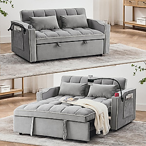 Bellemave Foldable Sofa Bed with Phone Holder, Pull Out Velvet Loveseat Sleeper with 2 USB Charging Ports, Modern Futon Couch with Cup Holders and Adjustable Backrest, for Living Room, Gray