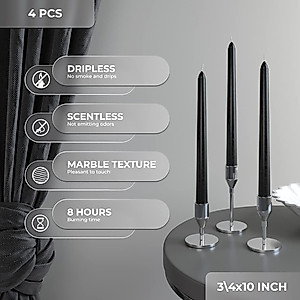 CANDWAX 10 inch Taper Candles Set of 4 - Tall Candles Unscented - Black Candles Tapered Candle Sticks Perfect as Household Candles or Dinner Candles - Coal Black Candles