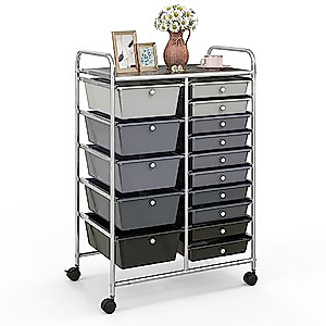 15 Drawer Rolling Storage Cart, Mobile Utility Cart with Lockable Wheels, Drawers, Multipurpose Organizer Cart for Home, Office, School, Gradient Black