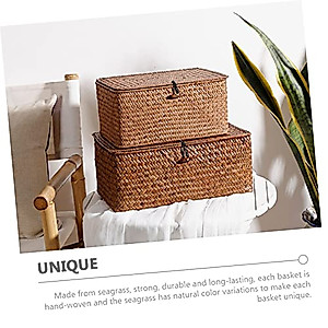 Veemoon 3pcs Woven Basket Organizer Sundry Organizer Basket End Table Decor Seagrass Baskets Woven Hamper Bathroom Decorations Baskets with Lids Seaweed Storage Shelf Basket