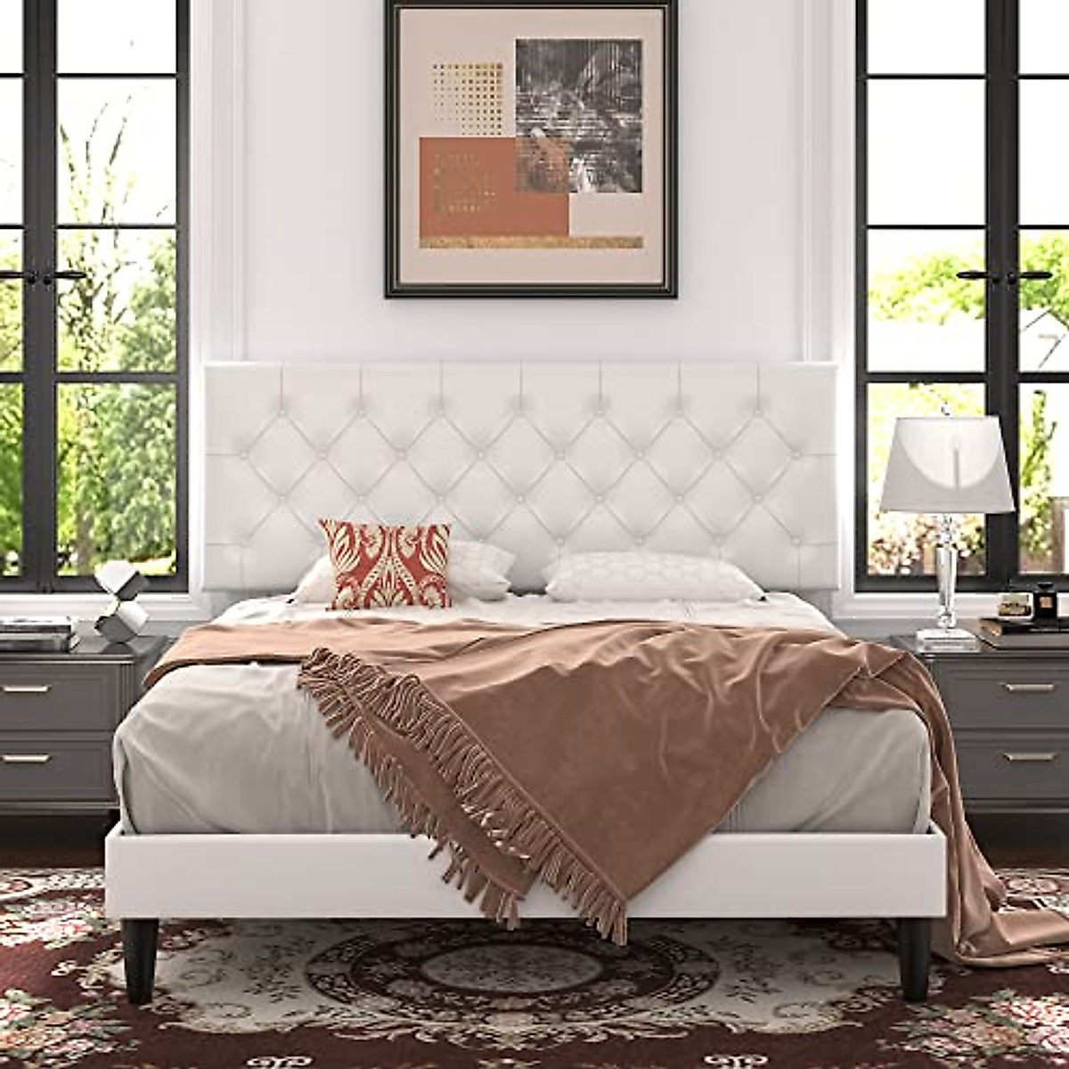 Allewie Full Bed Frame with Adjustable Diamond Stitched Button Tufted Headboard/Faux Leather Upholstered Platform Bed with Easy-Assembly Wood slats, White