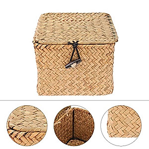IMIKEYA Seaweed Baskets with Lids: Woven Baskets Seagrass Storage Woven Basket Straw Rattan Storage Basket Hand-Woven Storage Basket Bin Container Organizer for Shelf Desktop 4 inch