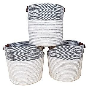 Cotton Rope Storage Baskets Set of 3， Woven Baskets for Storage, Decorative Rope Basket with Handles for Organizing Toy, Towel，Stylish&Durable Woven Cotton Storage Basket Containers，Size: 11' x 10.5' inches (gray&white)