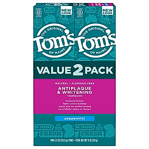 Tom's of Maine Fluoride-Free Antiplaque & Whitening Natural Toothpaste, Peppermint, 5.5 Ounce 2-Pack (Packaging May Vary)