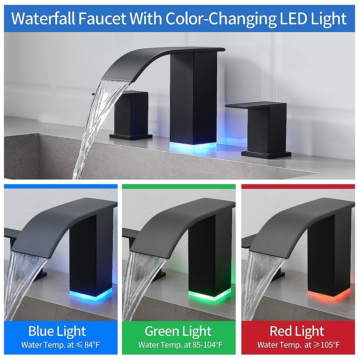 RUMOSE LED Bathroom Faucets Set Matte Black 8 inch Bathroom Sink Faucet 3 Hole with Pop Up Drain Widespread Lavatory Waterfall Vanity Faucet with 3 Colors Light Changing Stainless Steel Deck Mounted