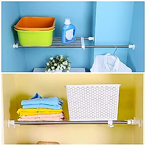 BAOYOUNI Tension Rod Shelf Expandable Closet Organizer Heavy Duty Adjustable Clothes Hanger Rack DIY Space Saver Layered Separator Divider 27.17''-36.02'', Ivory