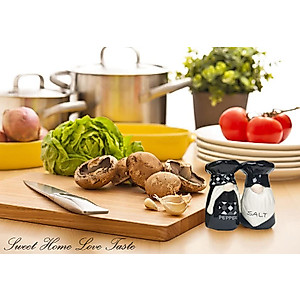 KARALIN Ceramic Salt & Pepper Shaker Sets Tabletop Accessories Cute Gnomes Chef Design Family Gifts with Gift Box ready (Black & White)