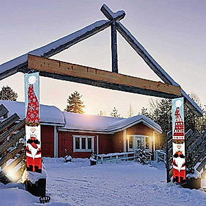 Merry Christmas Hanging Banner Porch Sign with Pattern Santa Claus Christmas Tree Snow Cap Gift Banner for Home Yard Indoor Outdoor Wall Door Christmas Party Decorations 72"x12"