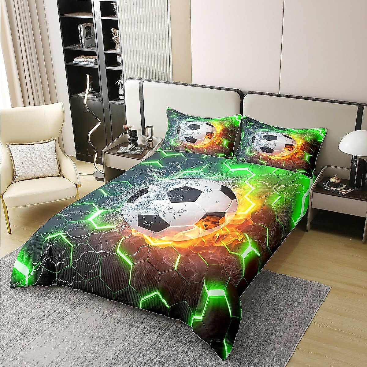 Erosebridal Kids Soccer 100% Cotton Duvet Cover Full Size,Football Bedding Set for Boys Room Decor,Green Gradient Hexagon Comforter Cover Soccer Gifts for Teen Girls,Geometric Honeycomb Bed Set