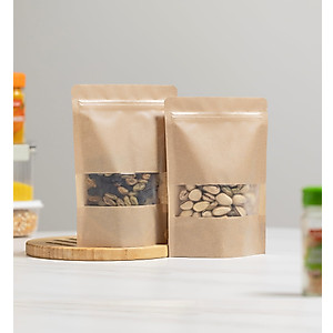 24/7 Bags- 200 Pack, Kraft Paper Stand Up Pouch Bag- 5.5" x 7.8", Resealable Zip-Lock with Front Window, Zero BPA, Easy Tear Notch, Self Stand Up, Food Grade Interior Coating