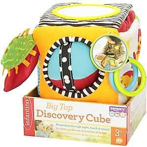 Infantino Peek & Seek Discovery Cube - Soft Development Toy, Peek-A-Boo Mirror, Clacker Rings, Crinkle & Rattle Sounds - Sensory Play, Ages 3 Months +